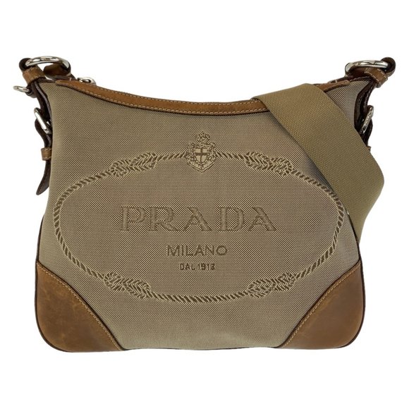 Prada | Bags | Prada Prada Logo Jacquard Beige Brown Silver Hardware ...